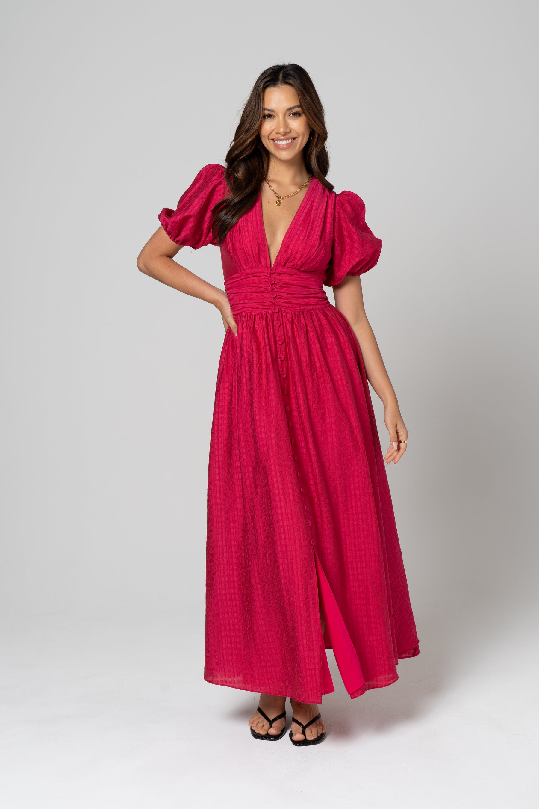 Alissa Puff Sleeve Button Down Midi Dress – All About May