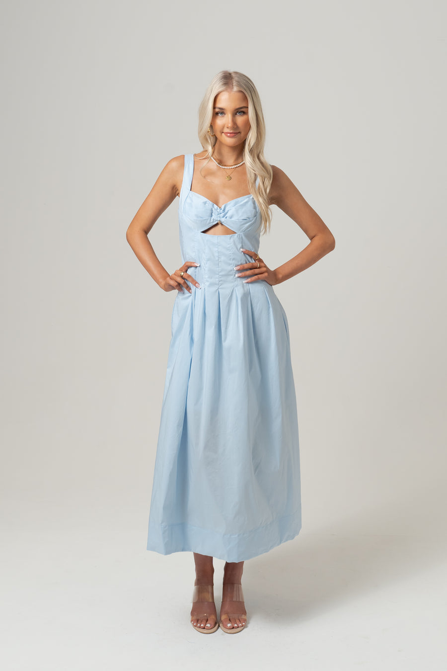 Laura Blue Midi Dress with Pleated Trims – All About May