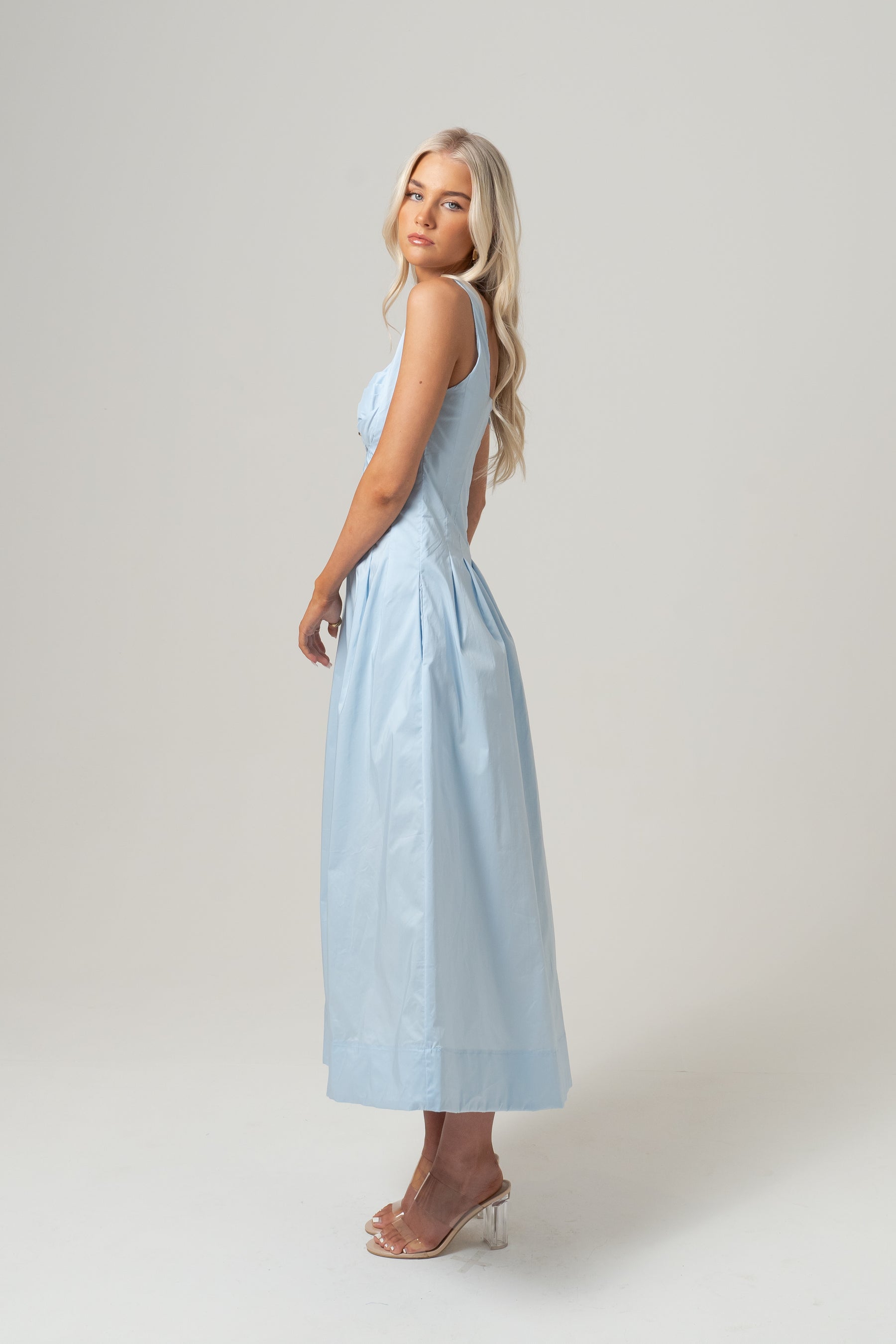 Laura Blue Midi Dress with Pleated Trims – All About May
