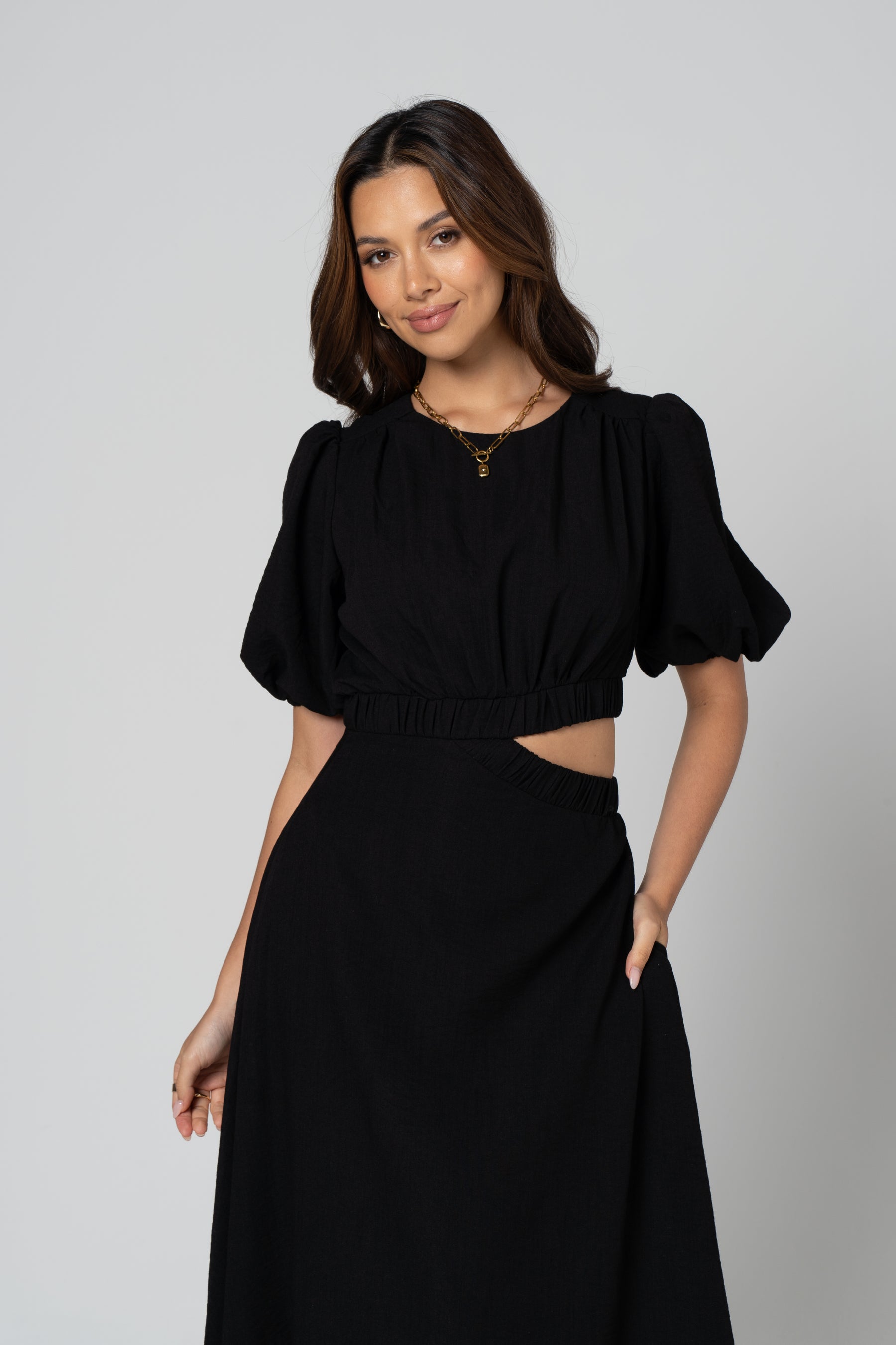Janice Side Cut-Out Puff Sleeve Midi Dress – All About May