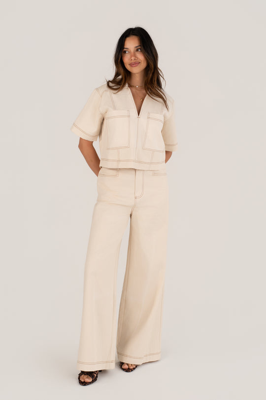 Nia Cream Short Sleeve Top & Wide Leg Pant Set – All About May