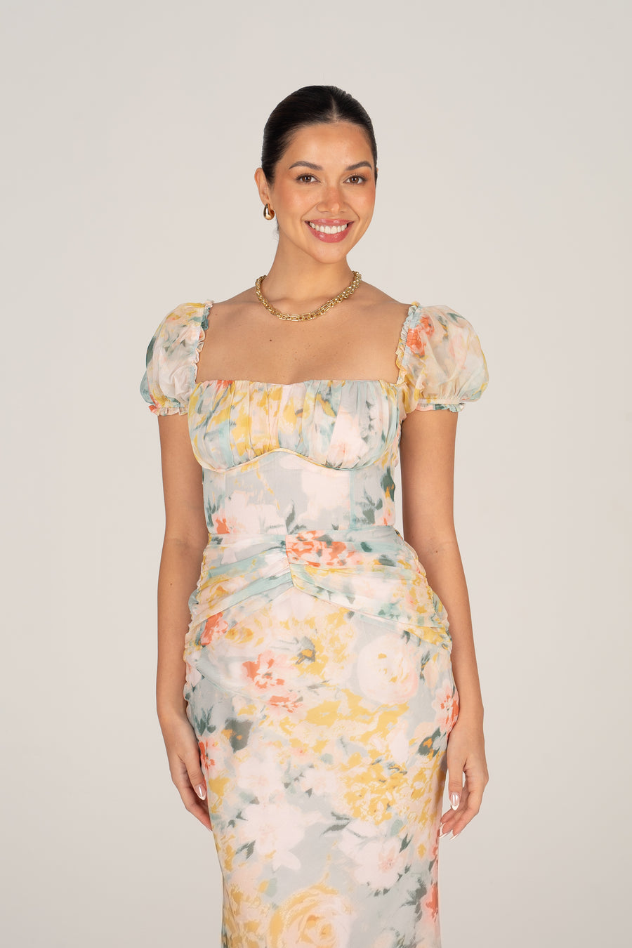 Simone Purple Print Puff Sleeve Midi Dress – All About May