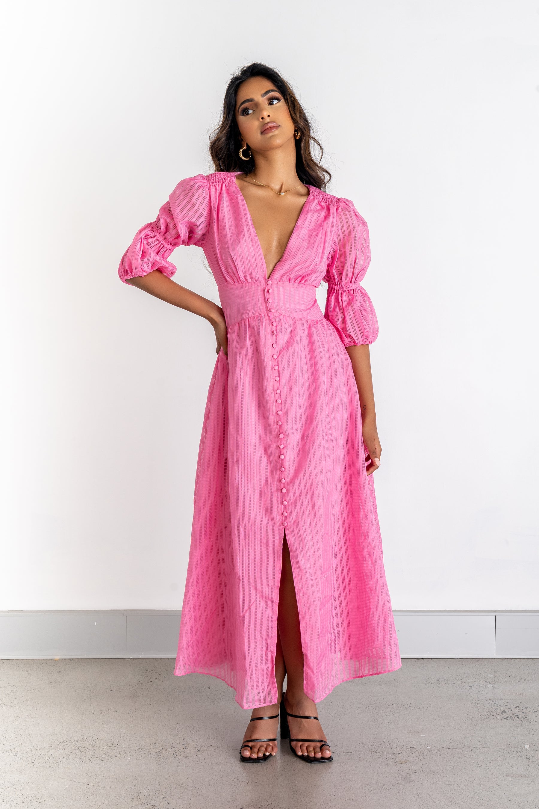 Caroline Pink V-Neck Midi Dress – All About May